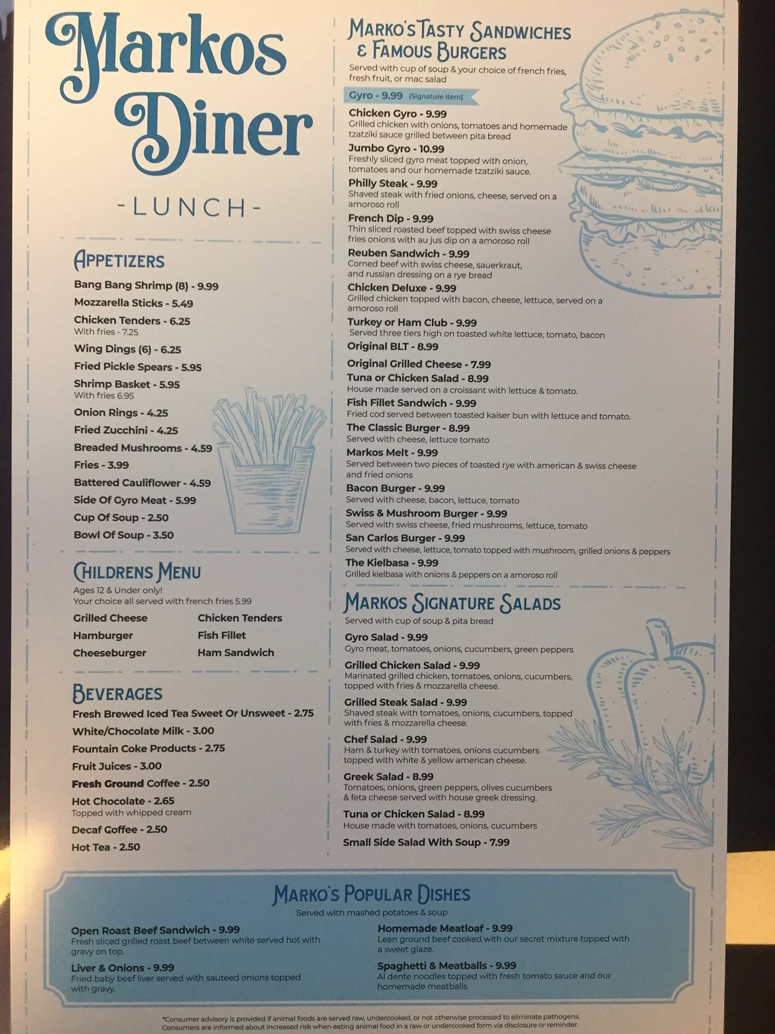 Menu at Marko's Diner cafe, Fort Myers
