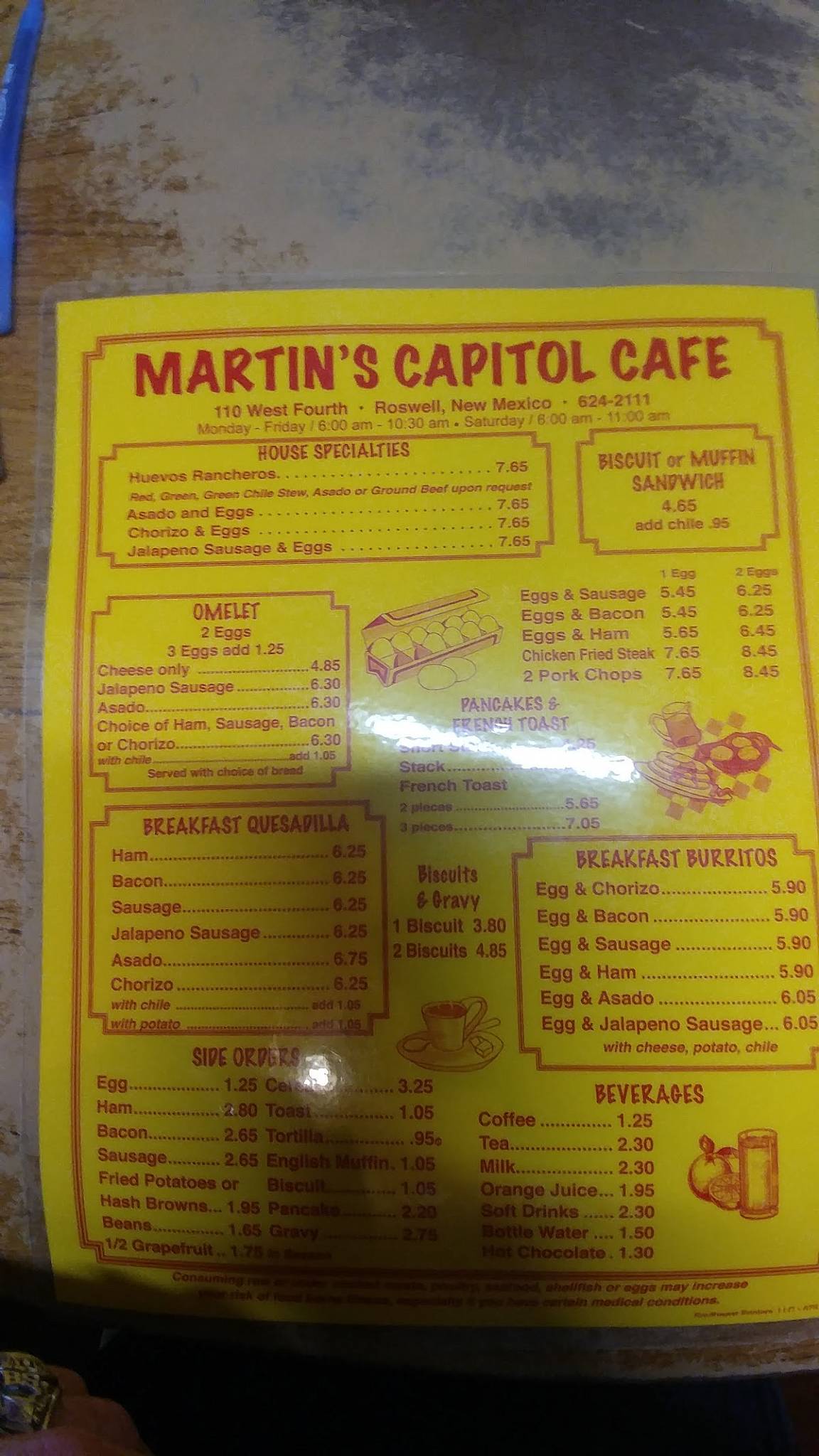 Menu at Martin's Capitol Cafe, Roswell