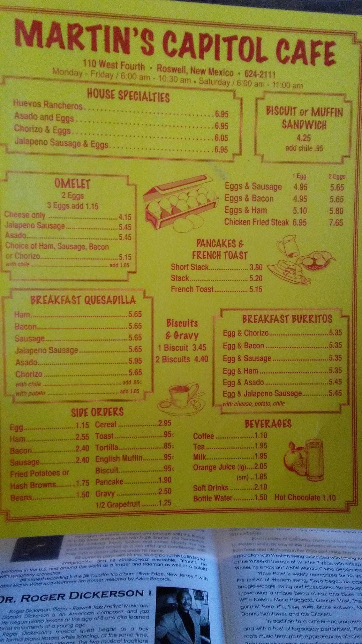 Menu at Martin's Capitol Cafe, Roswell