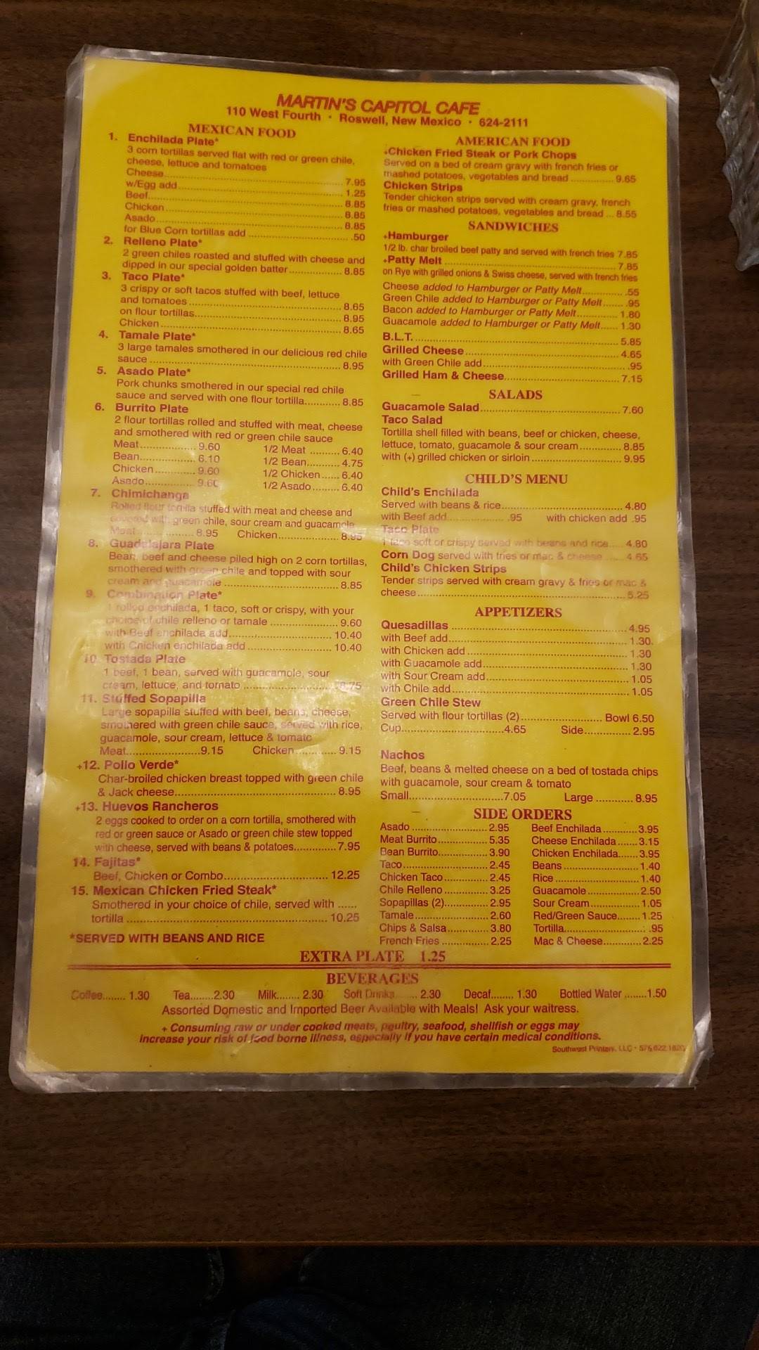 Menu at Martin's Capitol Cafe, Roswell
