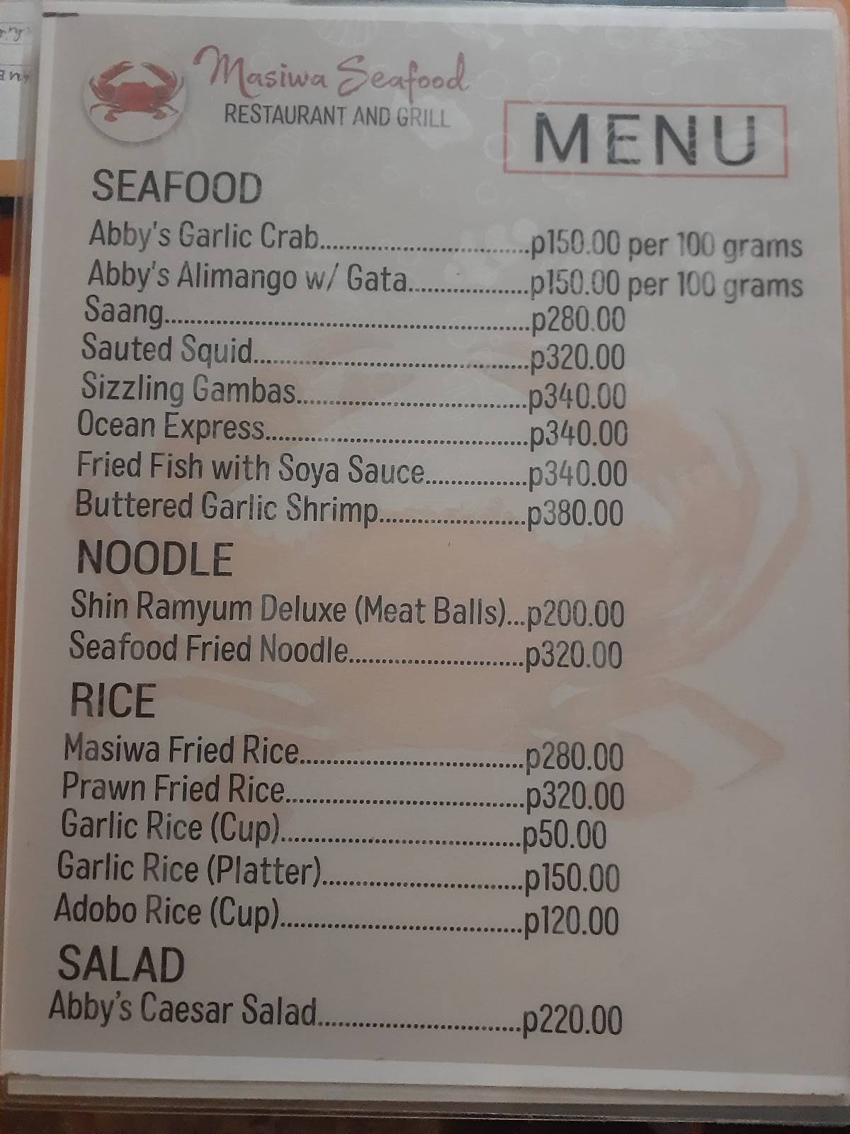 Menu at Masiwa Seafoods Restaurant and Grill, Lapu-Lapu City