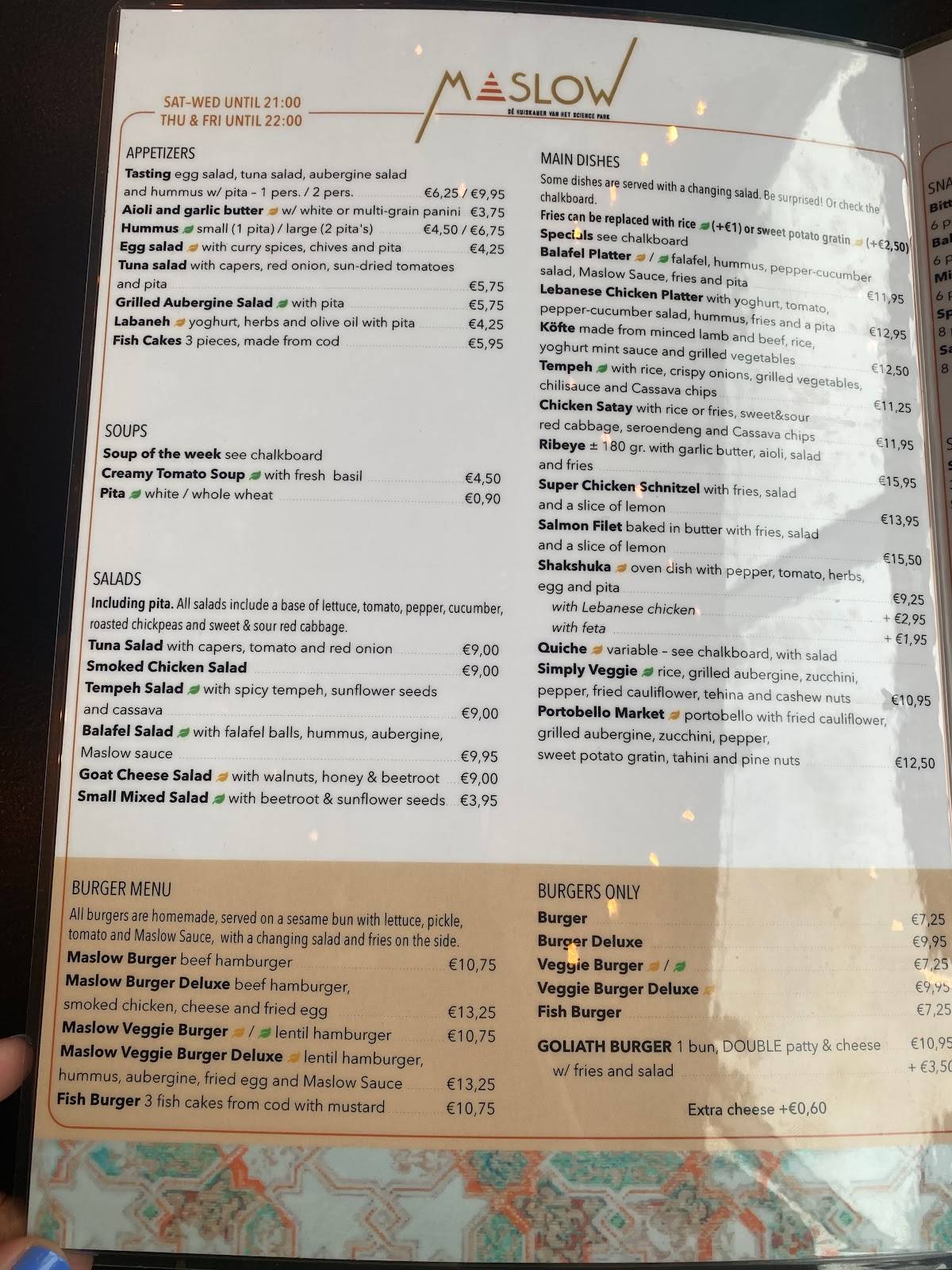 Menu at Maslow Café, Amsterdam, Carolina MacGillavrylaan 3198