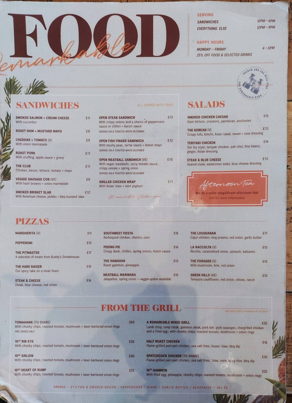 Menu at Remarkable Hare pub & bar, Matlock