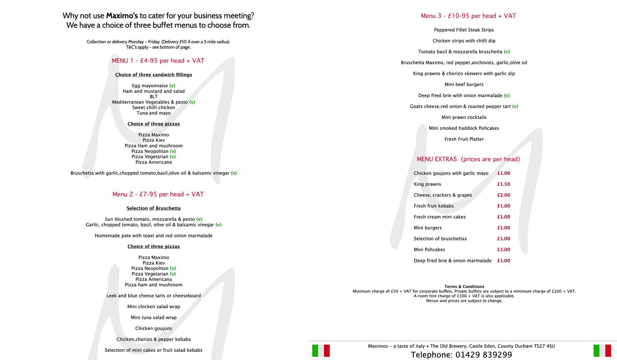 Menu at Maximo's Italian Restaurant, Peterlee