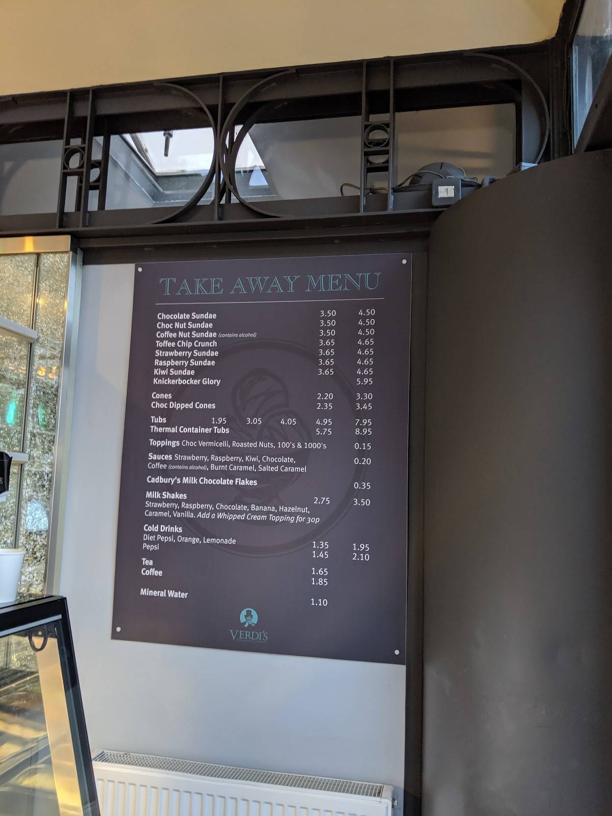 Menu at Verdi's cafe, The Mumbles