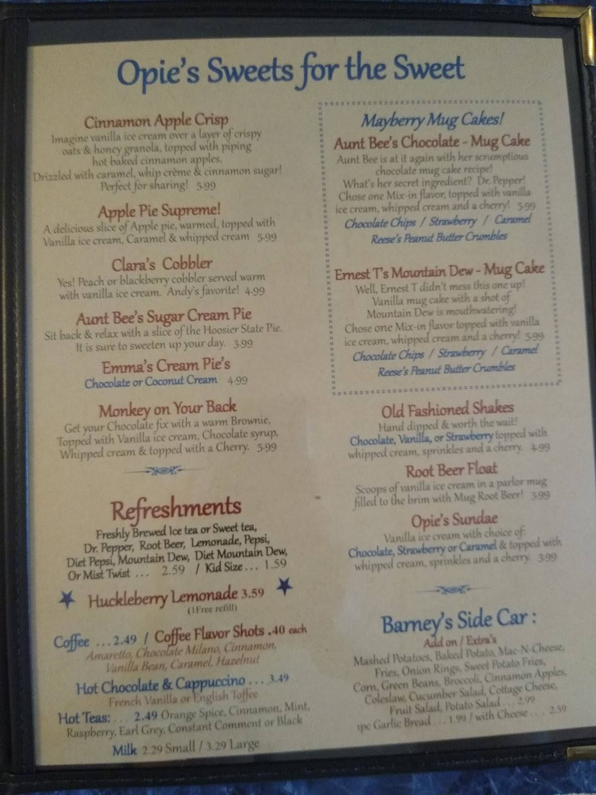 Menu at Mayberry Cafe, Danville