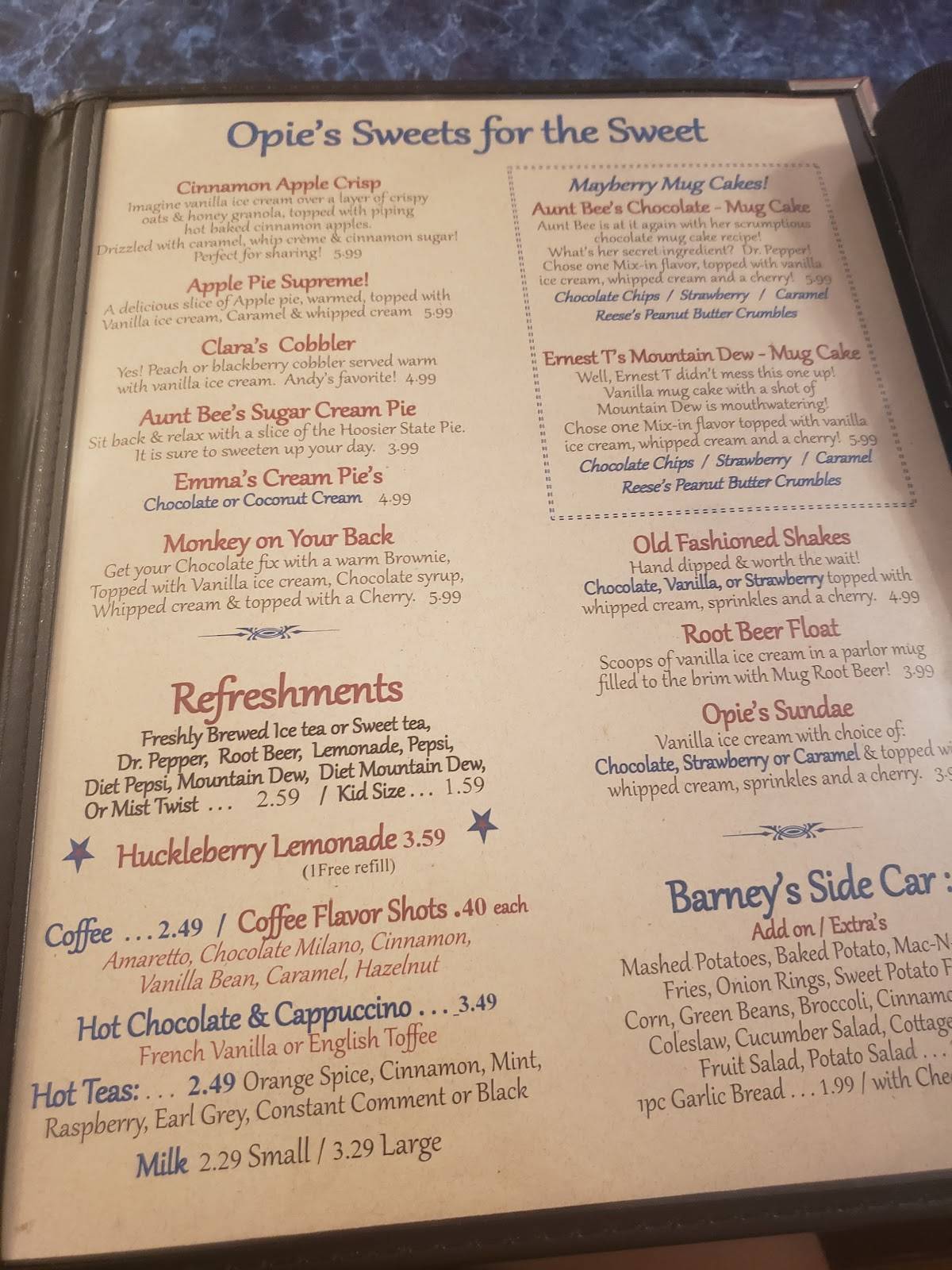 Menu at Mayberry Cafe, Danville