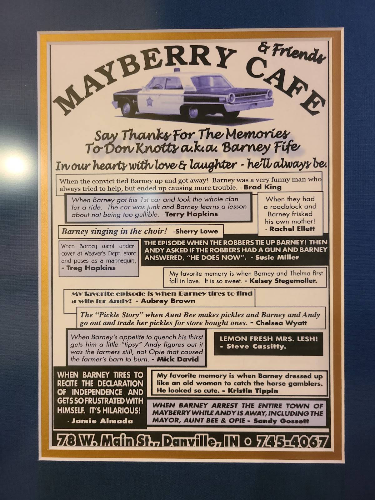 Menu at Mayberry Cafe, Danville