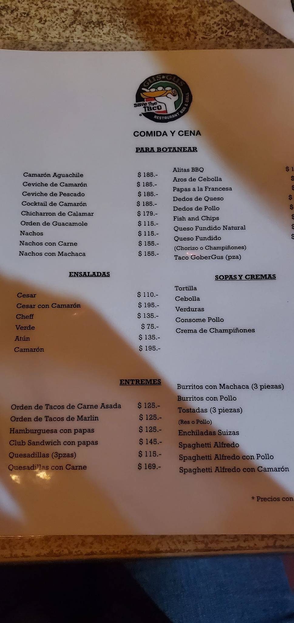 Menu at Gus & Gus Restaurant Bar & Grill, Mazatlán