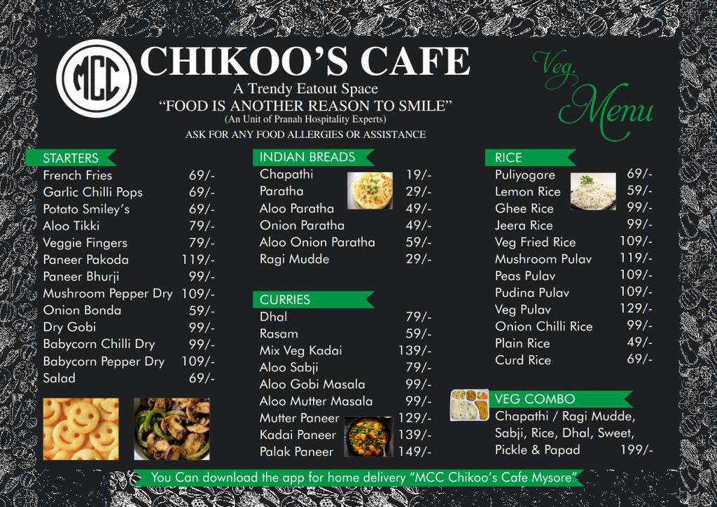 Menu at Mcc Chikoo's Cafe mysore first pet friendly cafe, Mysuru