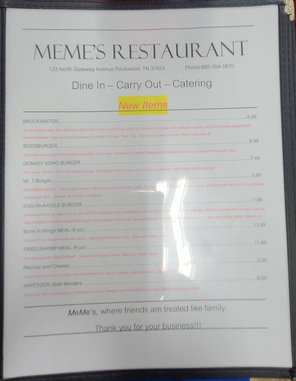 Menu at MeMe's Restaurant, Rockwood