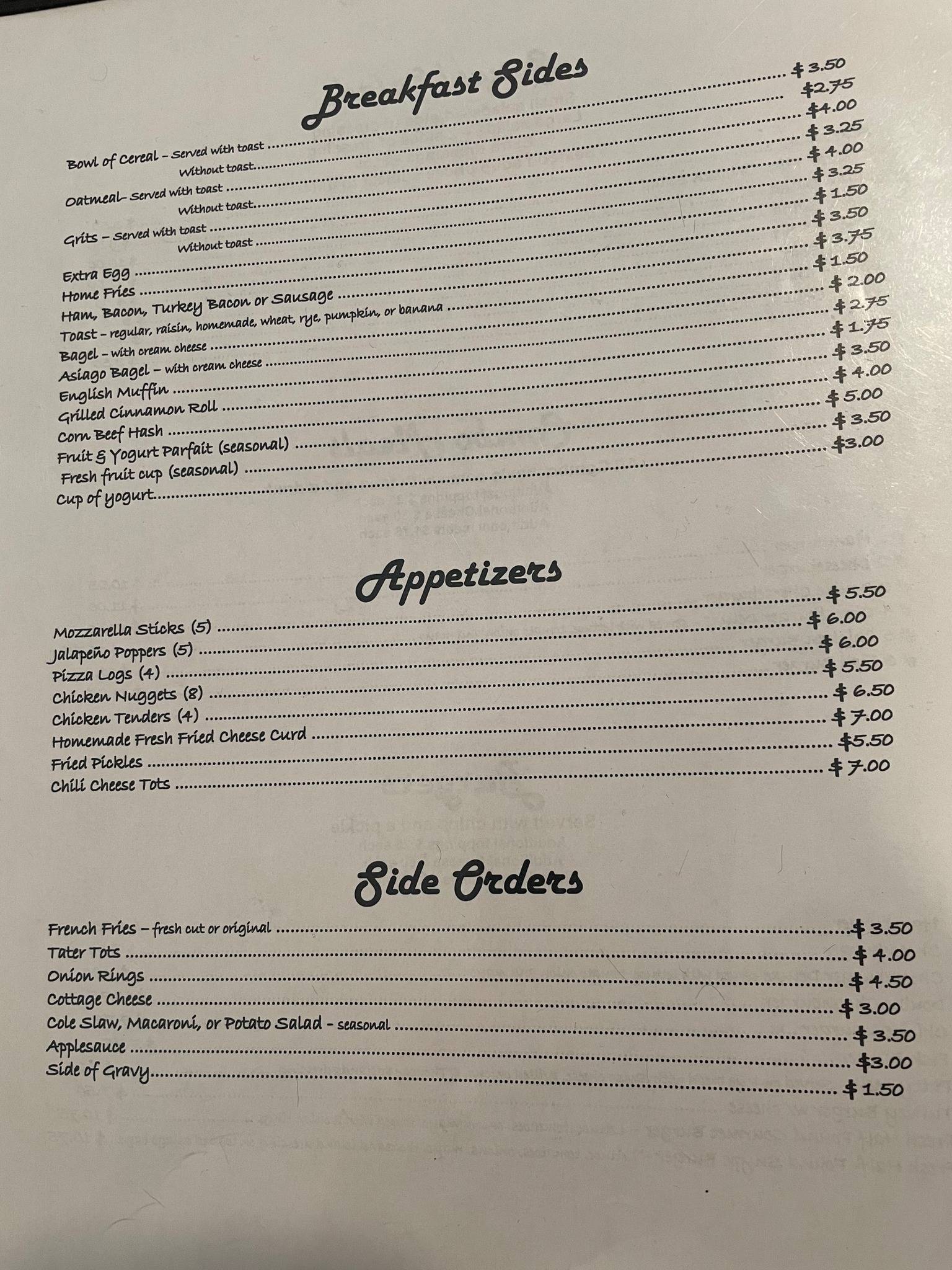 Menu at Meme's Diner restaurant, Felts Mills