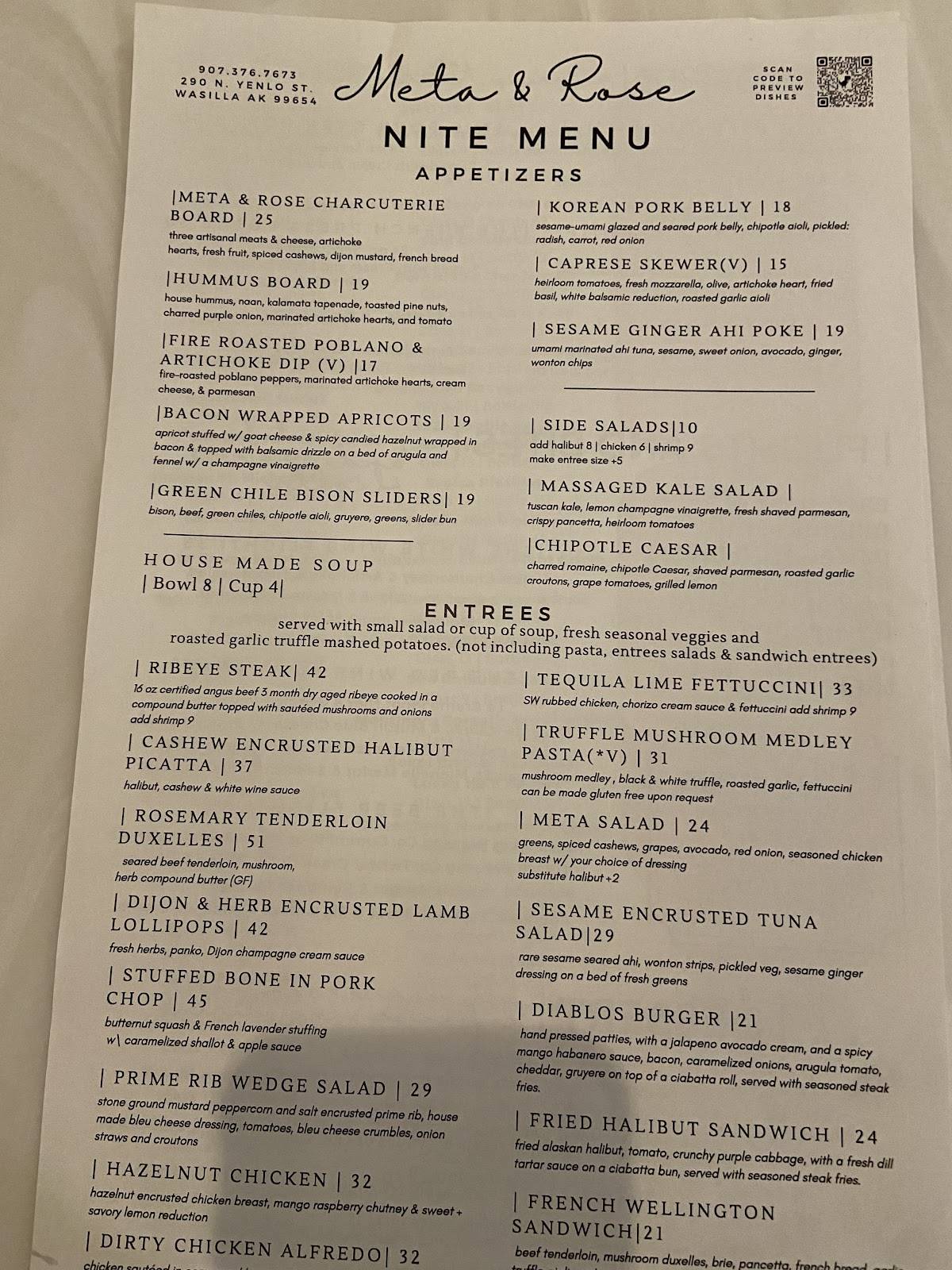 Menu at Meta & Rose Restaurant, Wasilla
