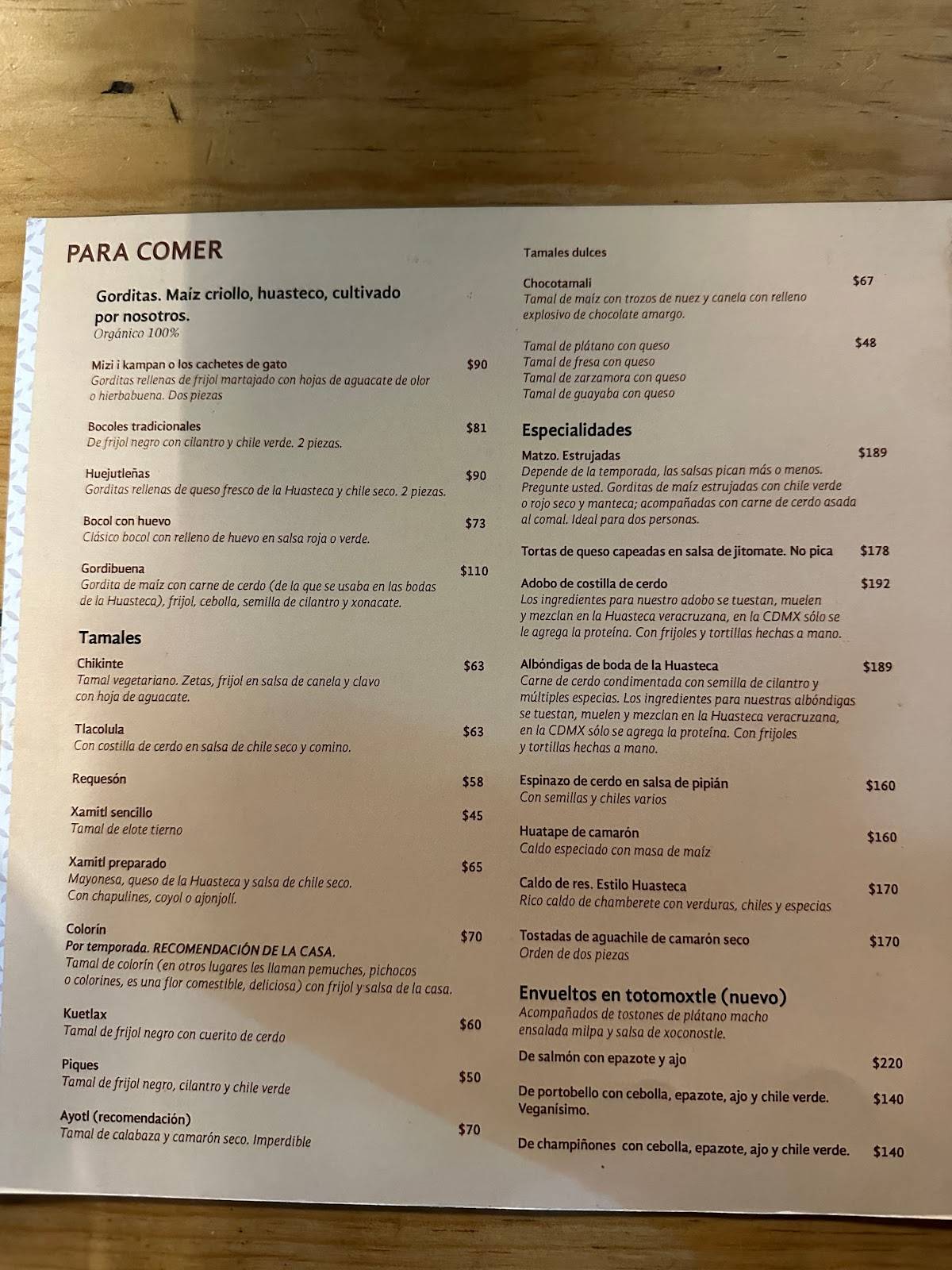 Carta del restaurante Maíz del Cacao, Ciudad López Mateos