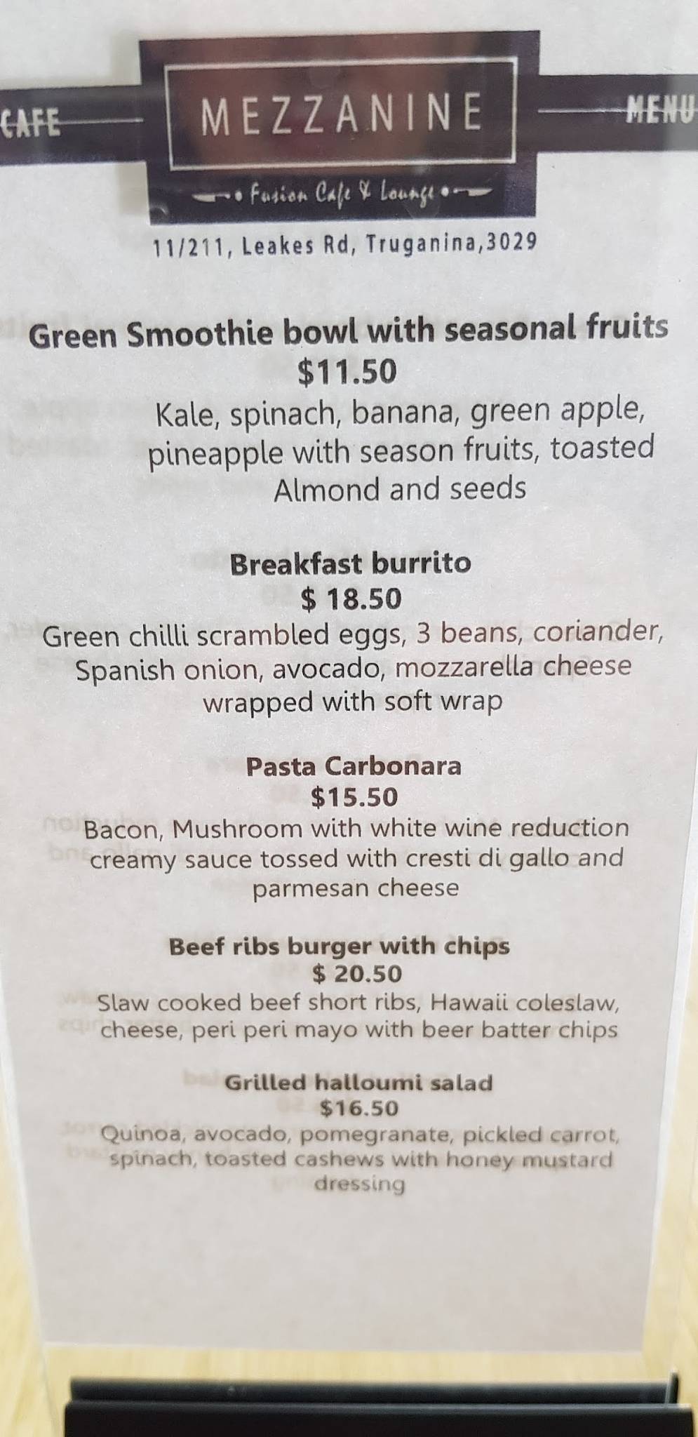 Menu at Mezzanine Cafe, Truganina