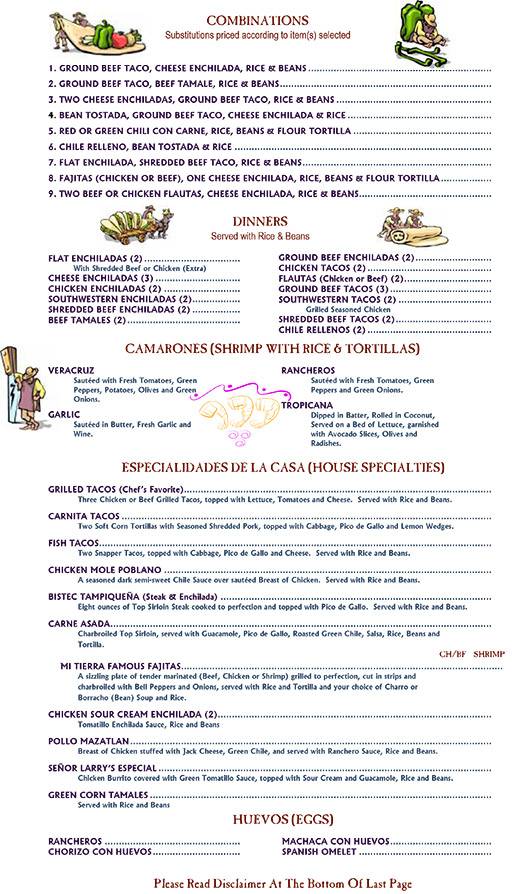 Menu at Mi Tierra Restaurant, Catalina