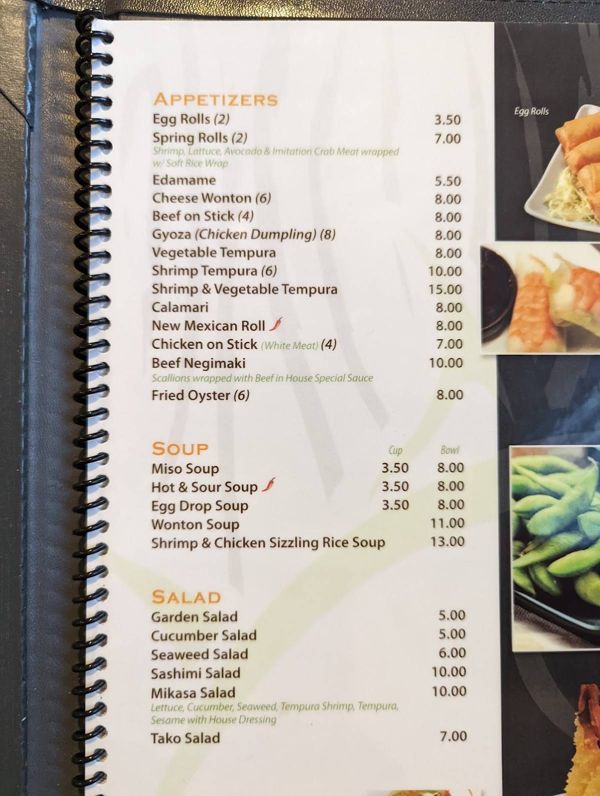 Menu at Mikasa Japanese restaurant, Farmington