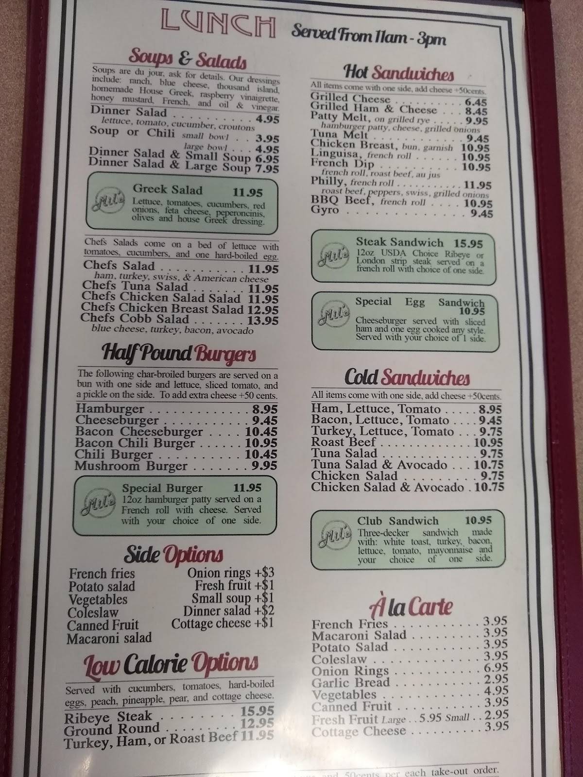 Menu at Mil's Diner restaurant, Milpitas