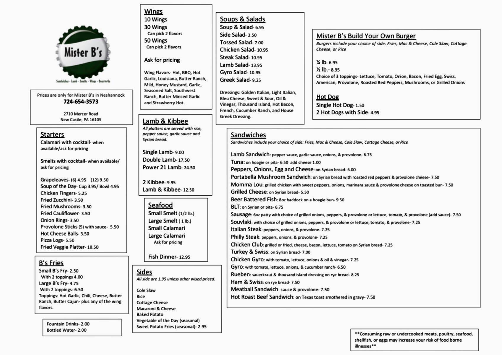 Menu at Mister B's restaurant, New Castle, Mercer Rd