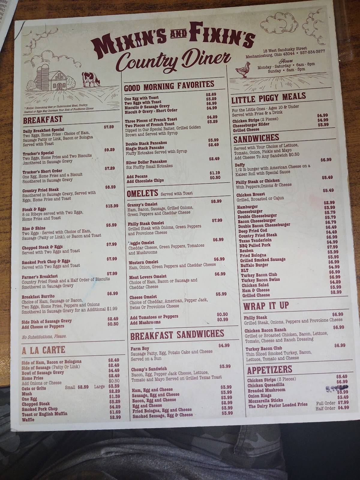 Menu at Mixin’s N Fixin’s Country Diner restaurant, Mechanicsburg