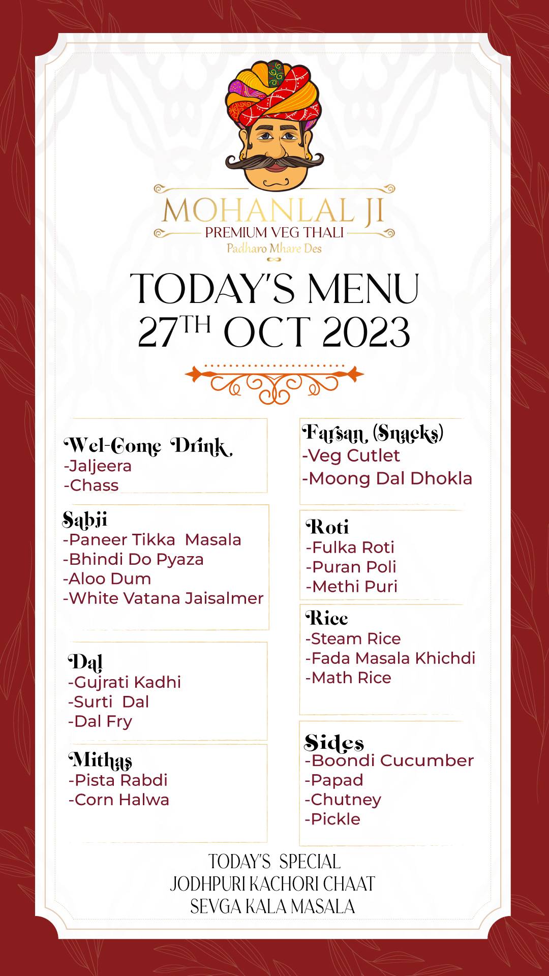 Menu at Mohanlal Ji Premium Veg Thali & Banquet Best Veg thali ...