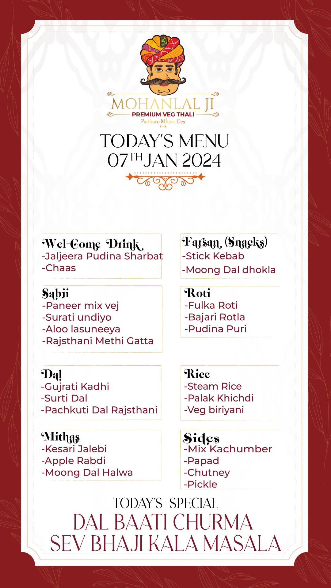 Menu at Mohanlal Ji Premium Veg Thali & Banquet Best Veg thali ...