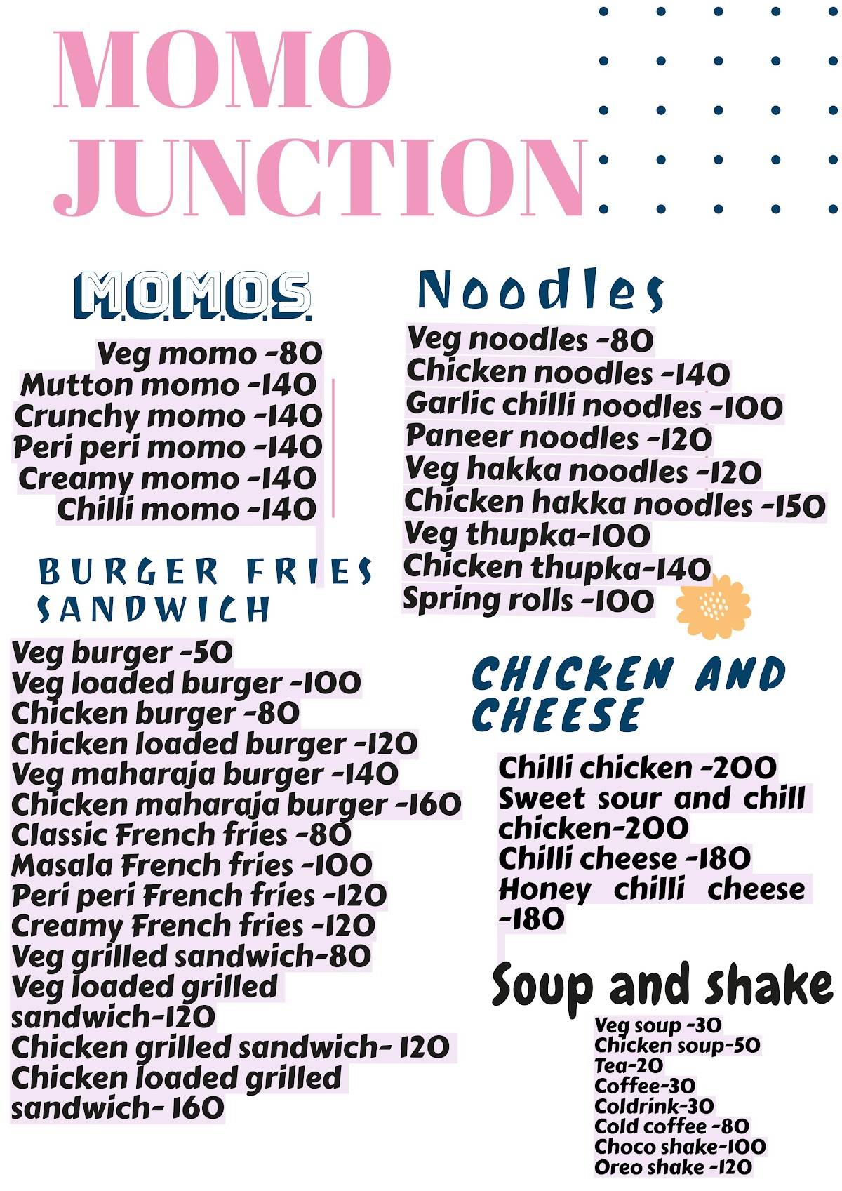 Menu at Momo junction, Dharamshala