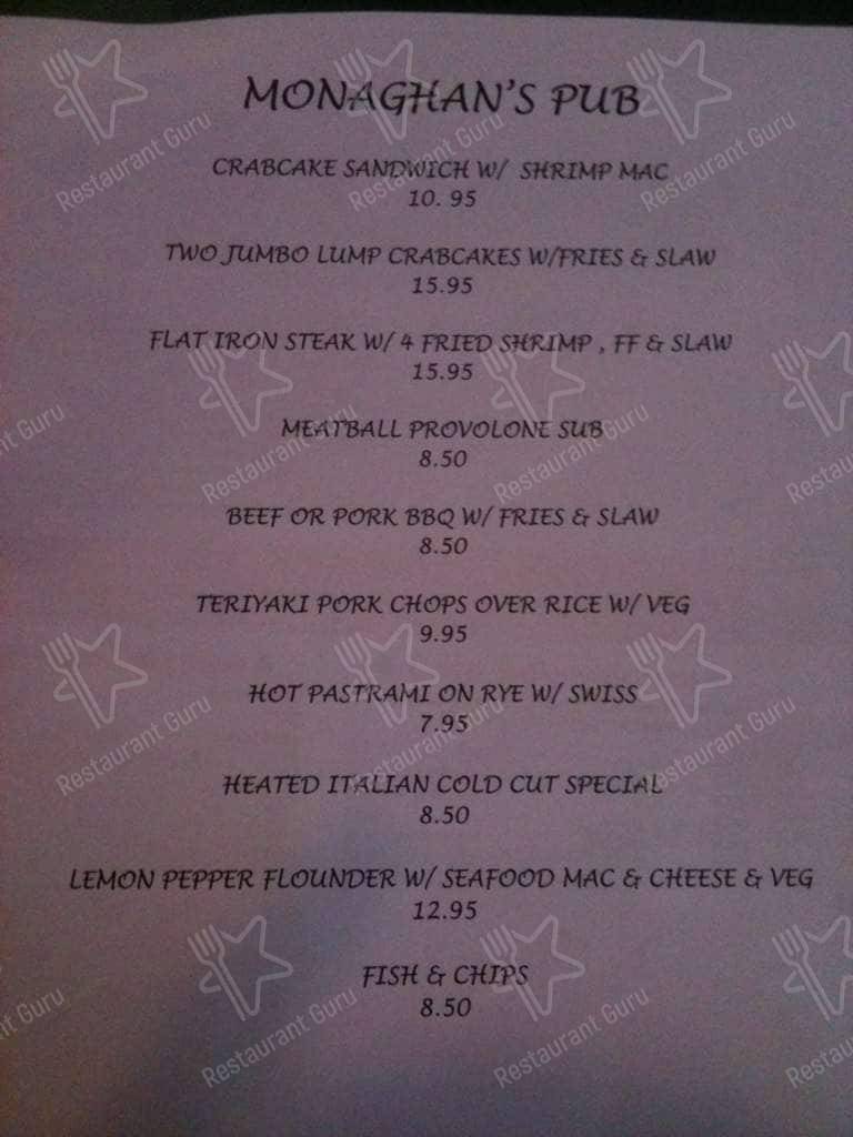 Menu at Monaghan's Pub, Baltimore