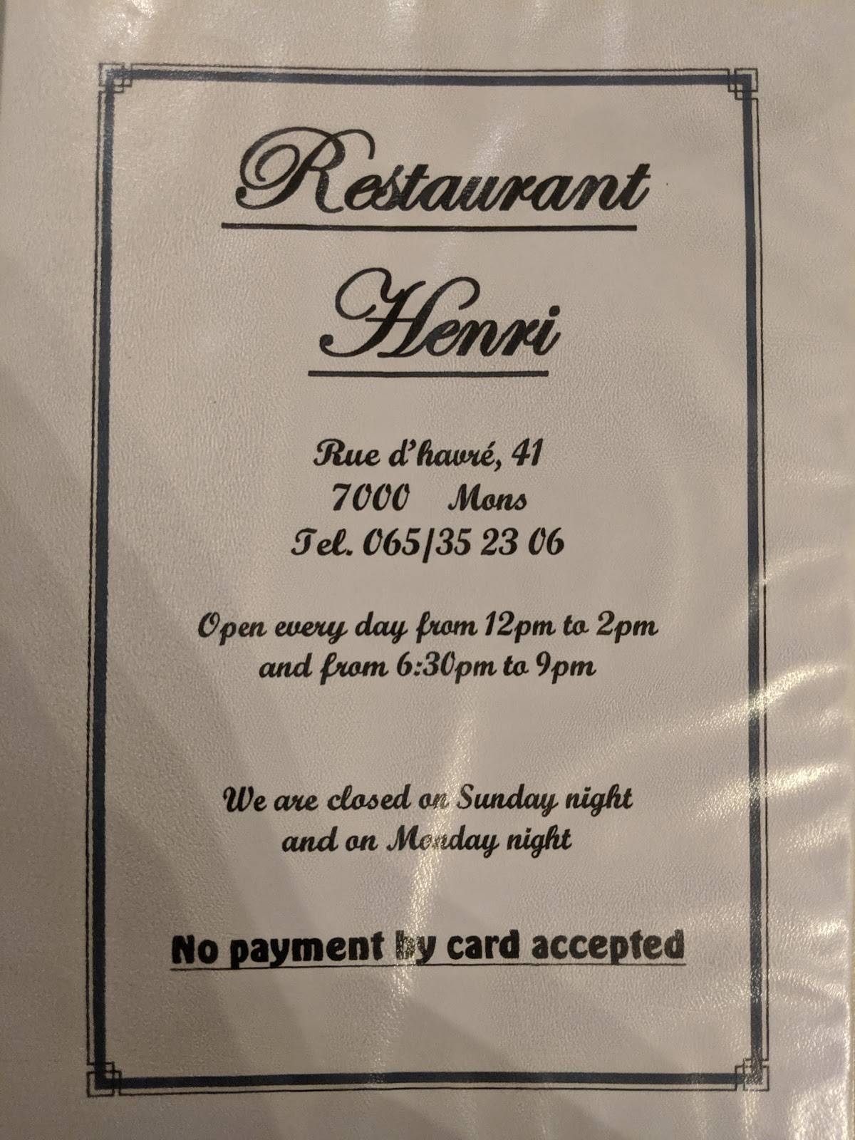 Menu at Restaurant Henri, Mons