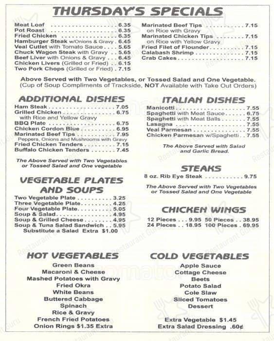 Menu at Trackside Restaurant, Mooresville