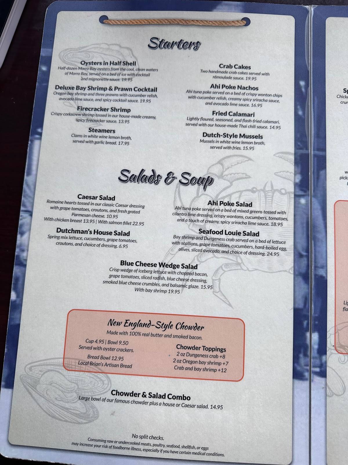 Menu at Dutchman's Seafood House restaurant, Morro Bay