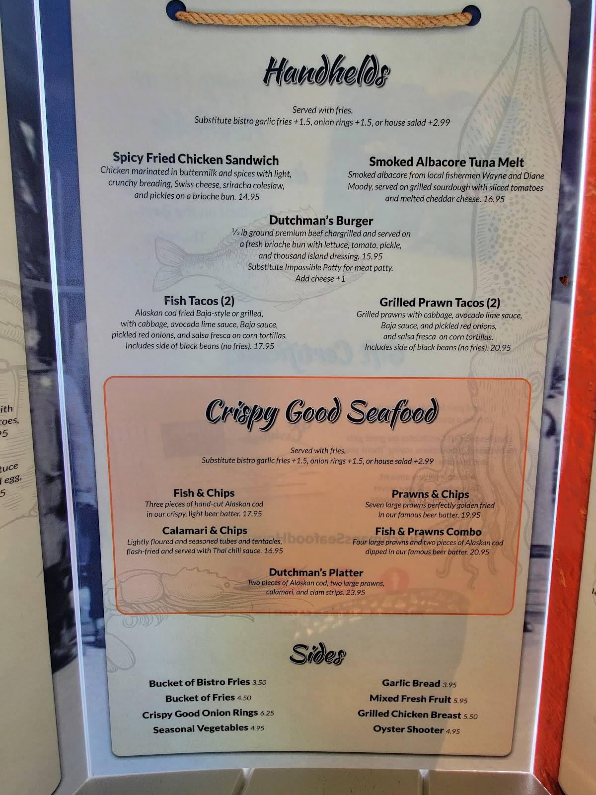 Menu at Dutchman's Seafood House restaurant, Morro Bay