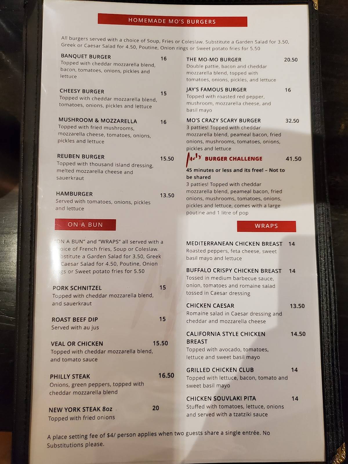 Menu at Mo's Family Restaurant, Oakville