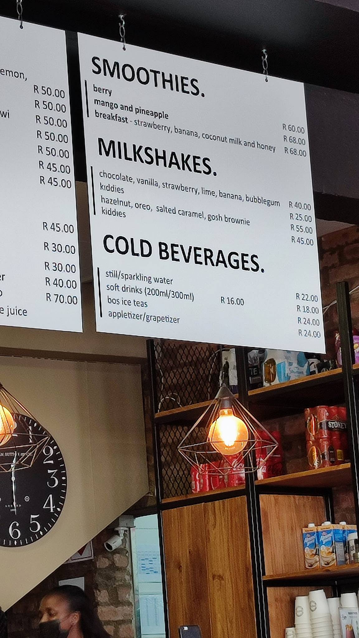Menu at Moto Cafe, Umhlanga