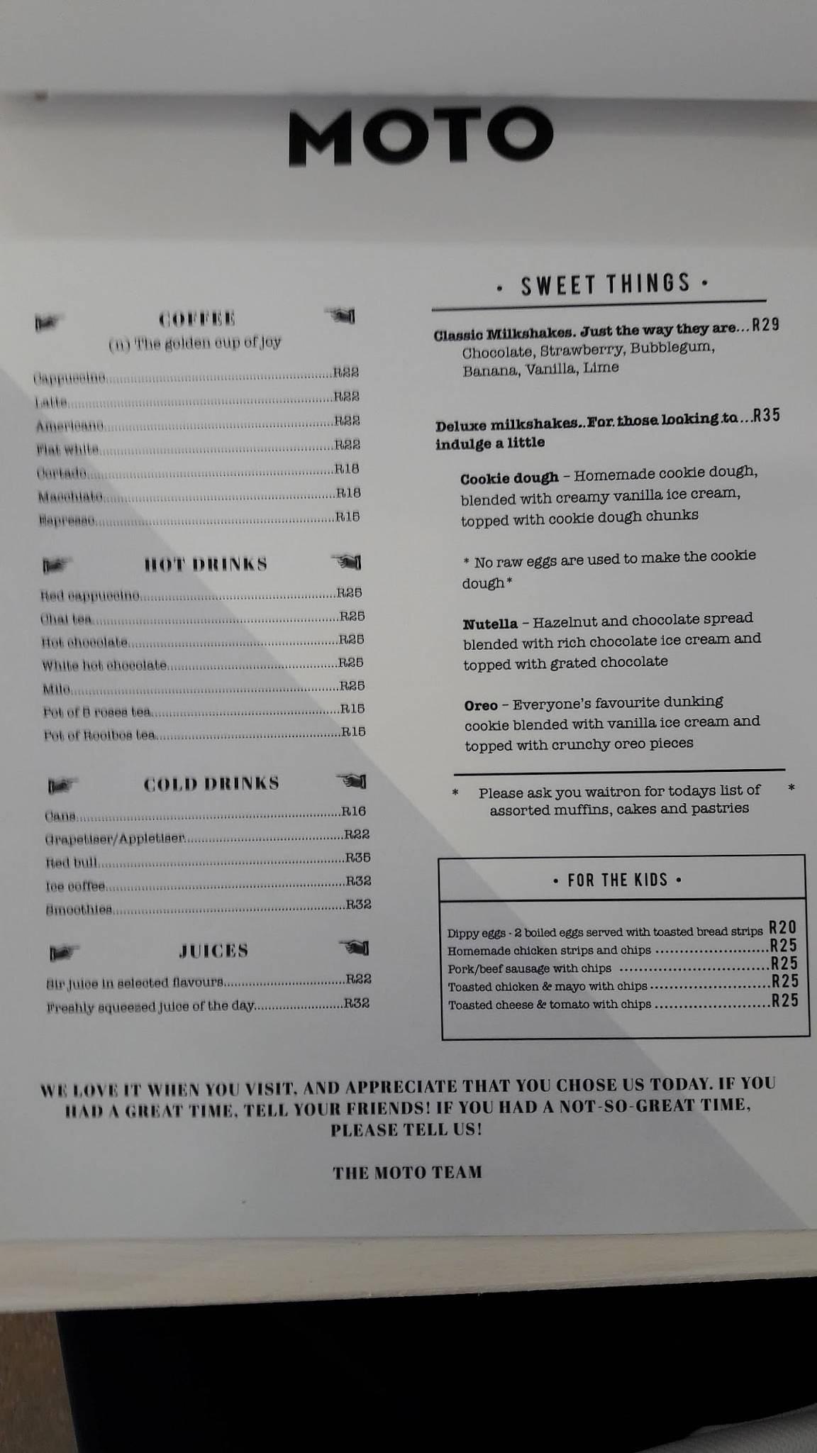 Menu at Moto Cafe, Umhlanga