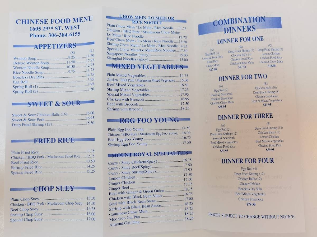 Menu at Mount Royal Restaurant, Saskatoon