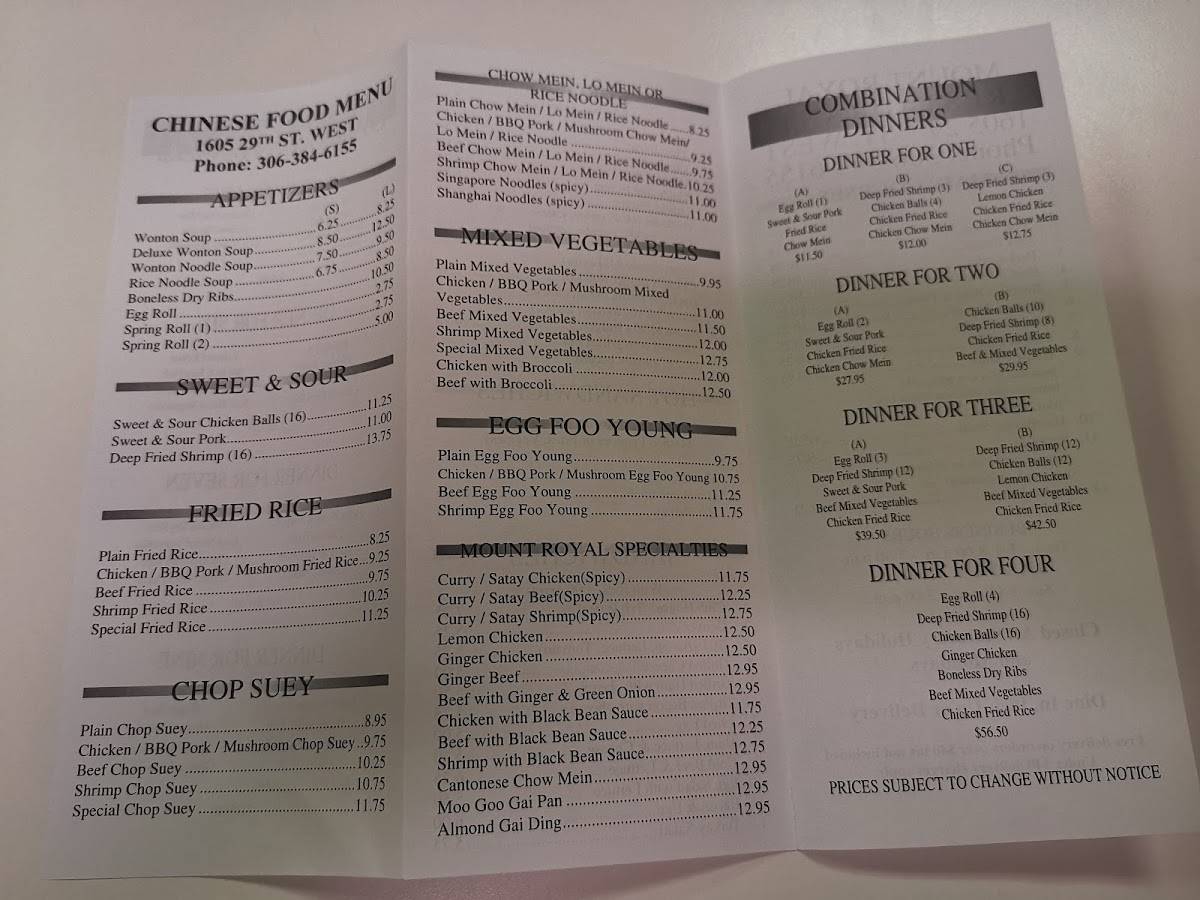Menu at Mount Royal Restaurant, Saskatoon