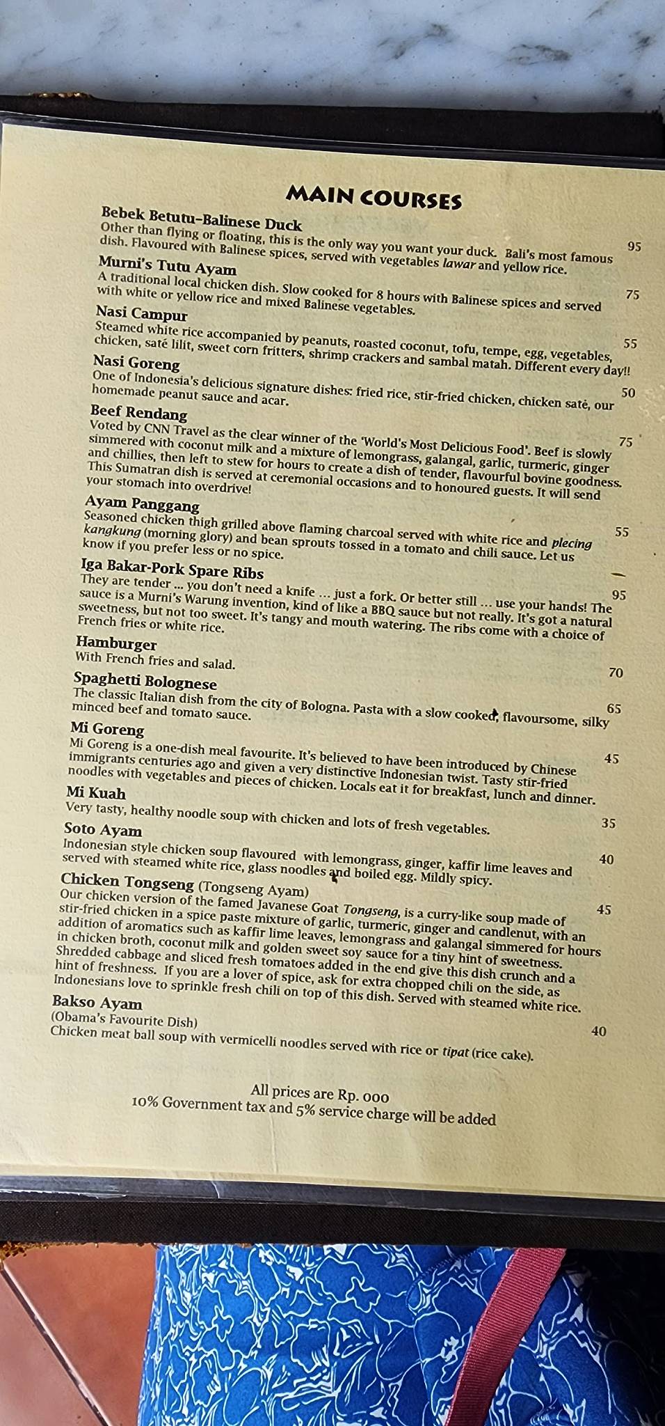 Menu at Murni's Warung restaurant, Ubud