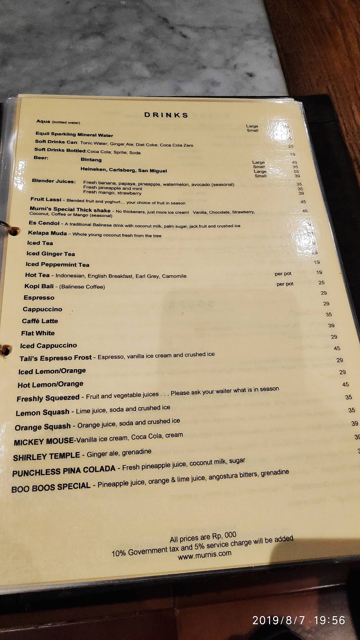 Menu at Murni's Warung restaurant, Ubud