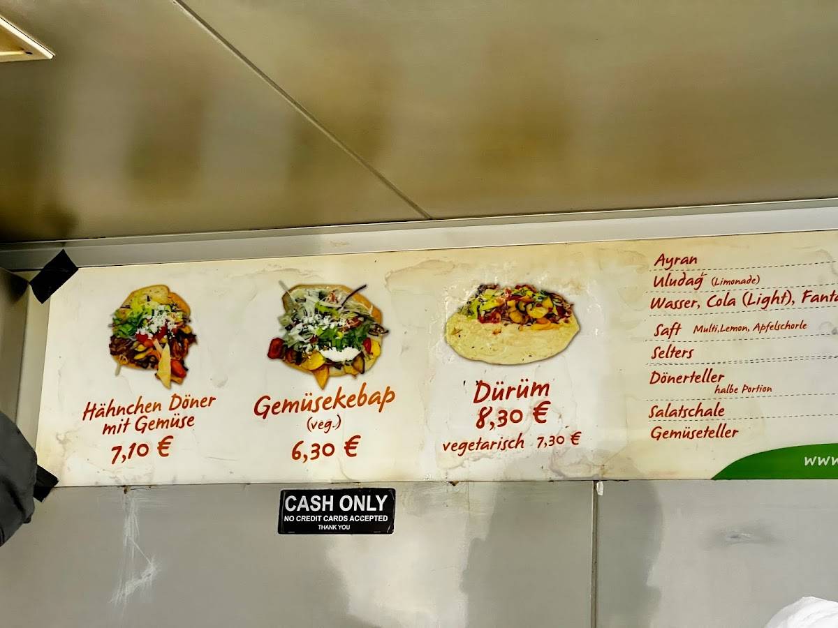 Menu at Mustafa's Gemüse Kebap restaurant, Berlin, Mehringdamm 32