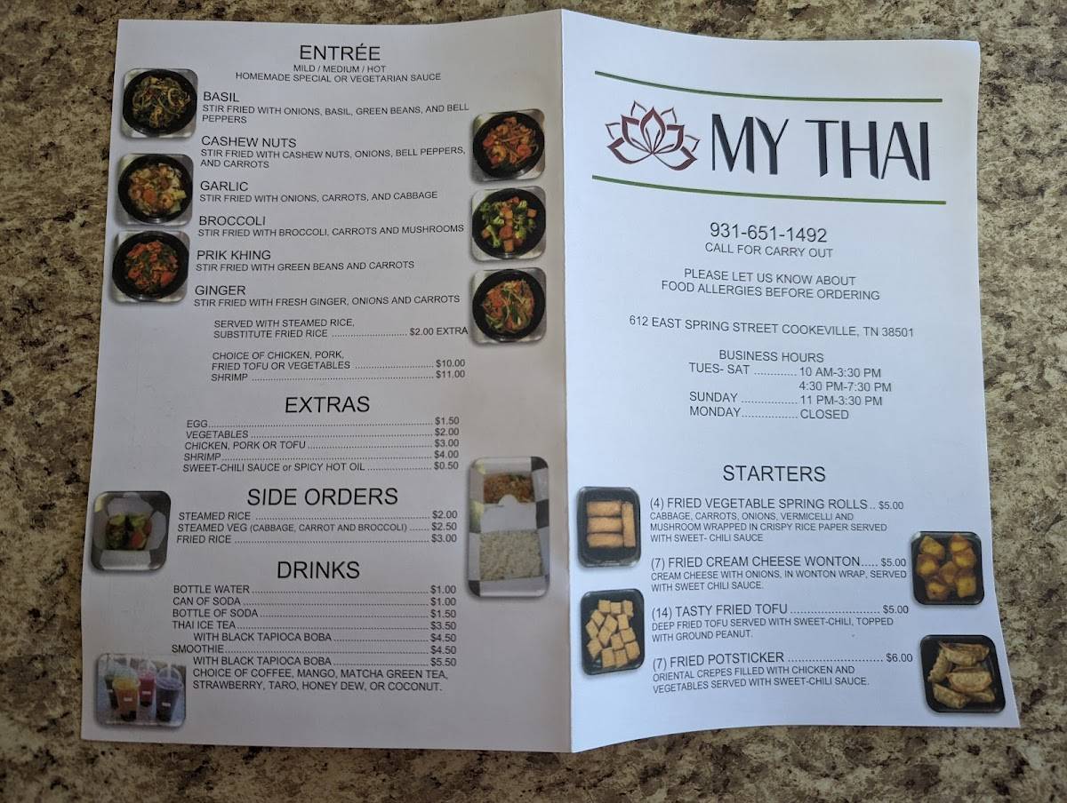 Menu at My Thai restaurant, Cookeville