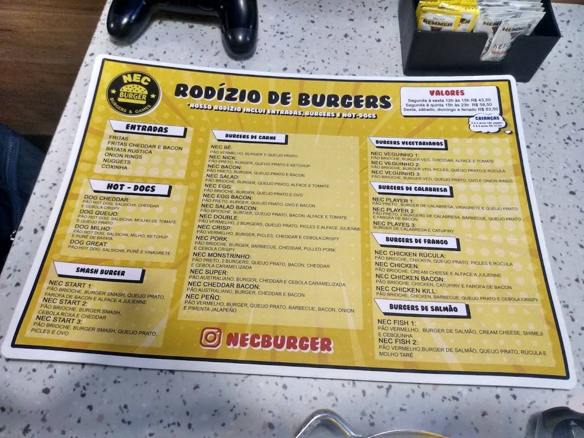 Menu em NEC Burgers & Games restaurante, São Paulo