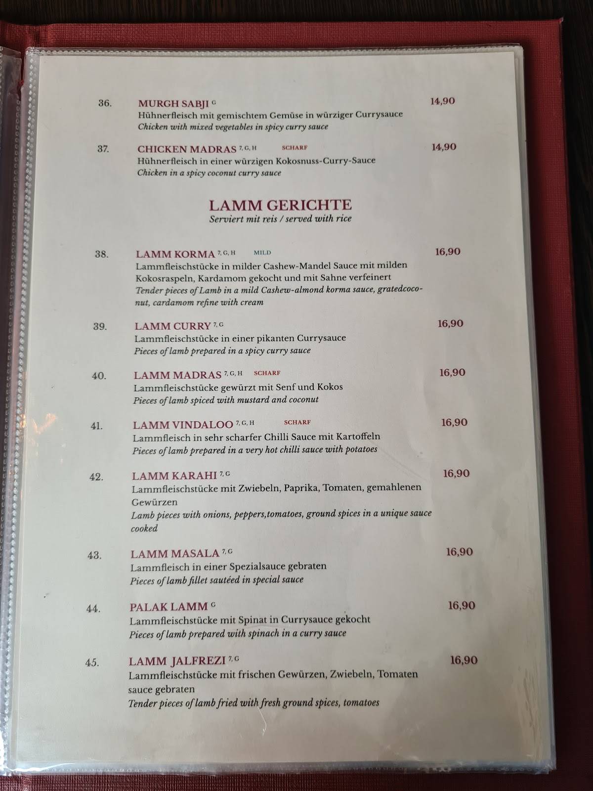 Speisekarte von Namaste India restaurant, Lübeck