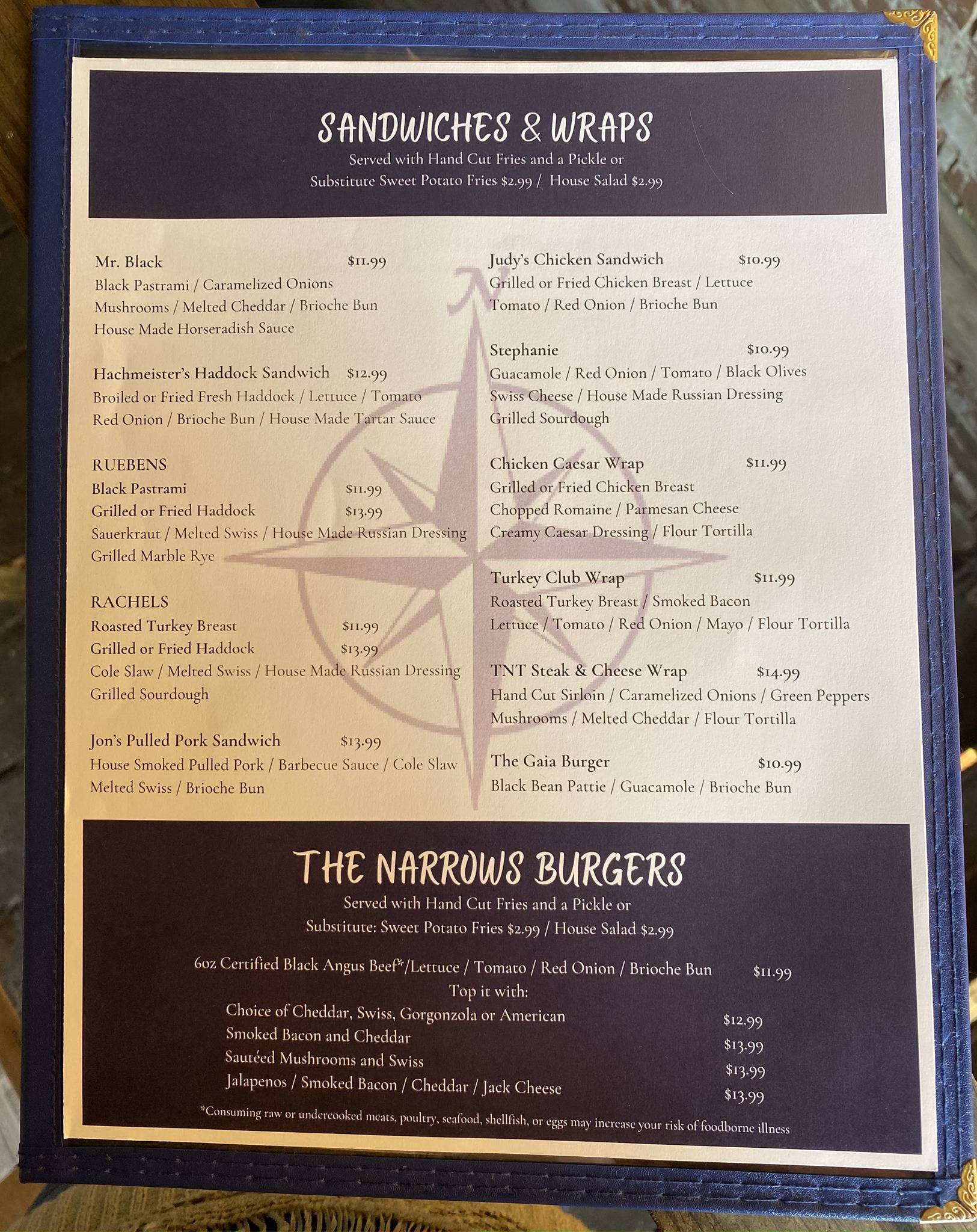 Menu at Narrows Tavern restaurant, Waldoboro