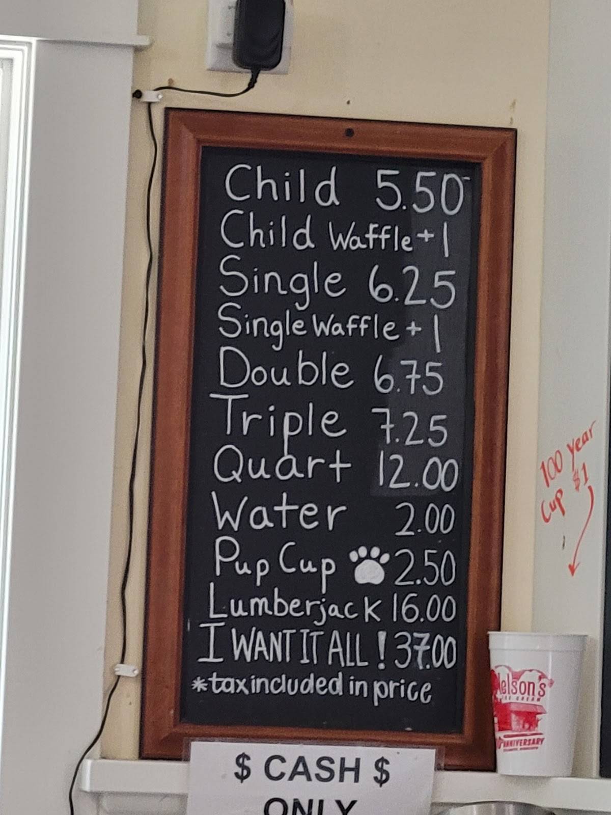 Menu at Nelson's Ice Cream restaurant, Stillwater