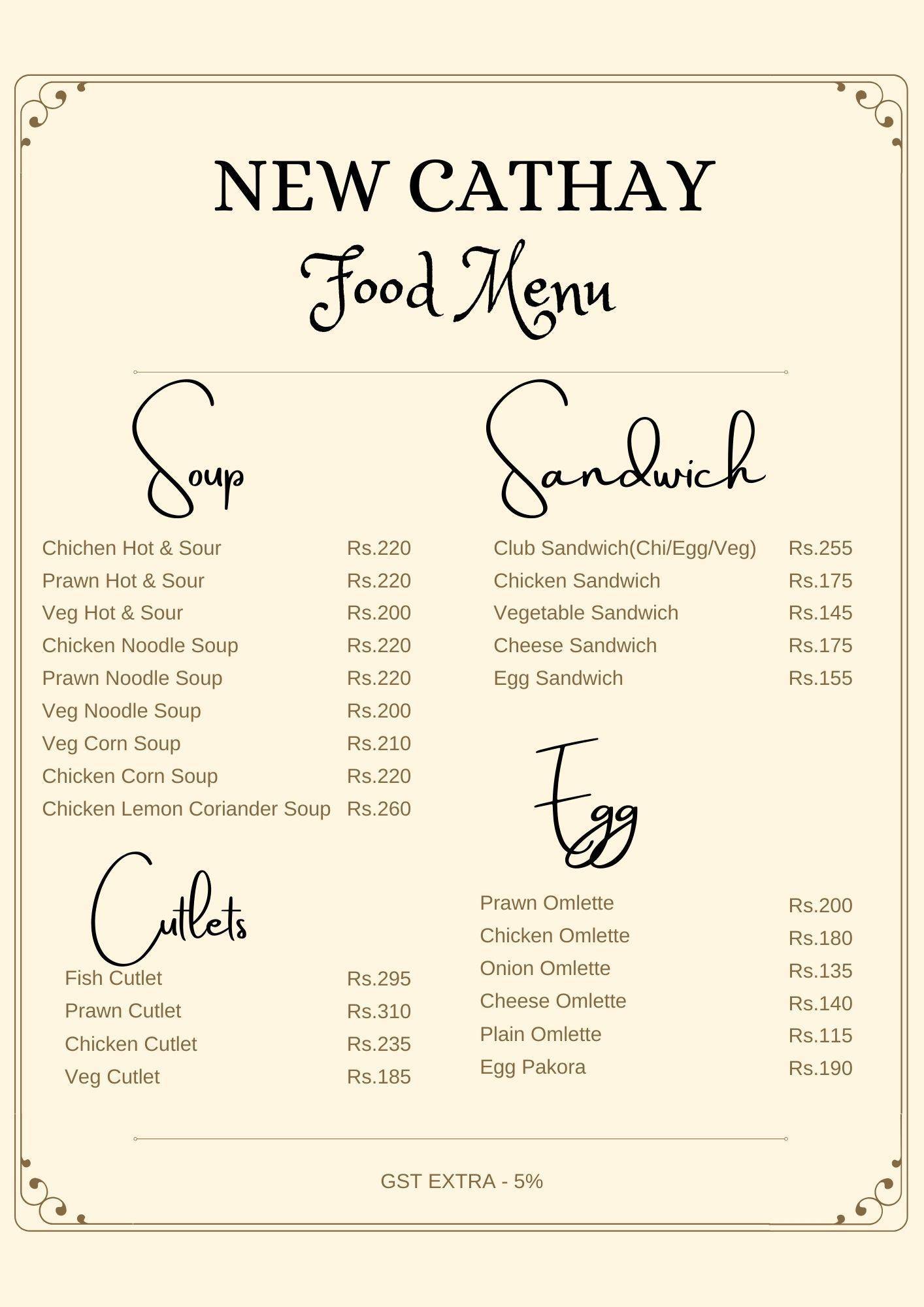 Menu at New Cathay Restaurant and Bar, Kolkata, GRAND HOTEL ARCADE