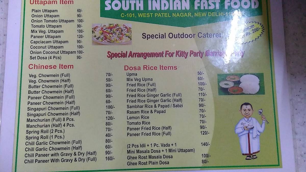Menu at south Indian fast food, New Delhi, Main Market C101