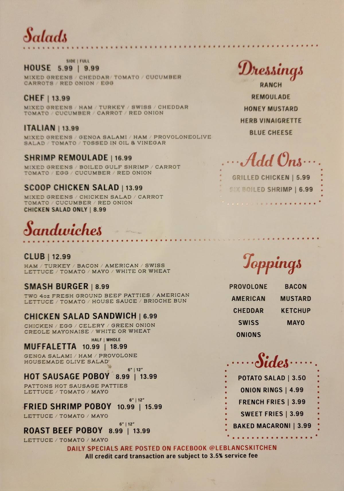 Menu at T LeBlanc's Creole Kitchen restaurant, Slidell