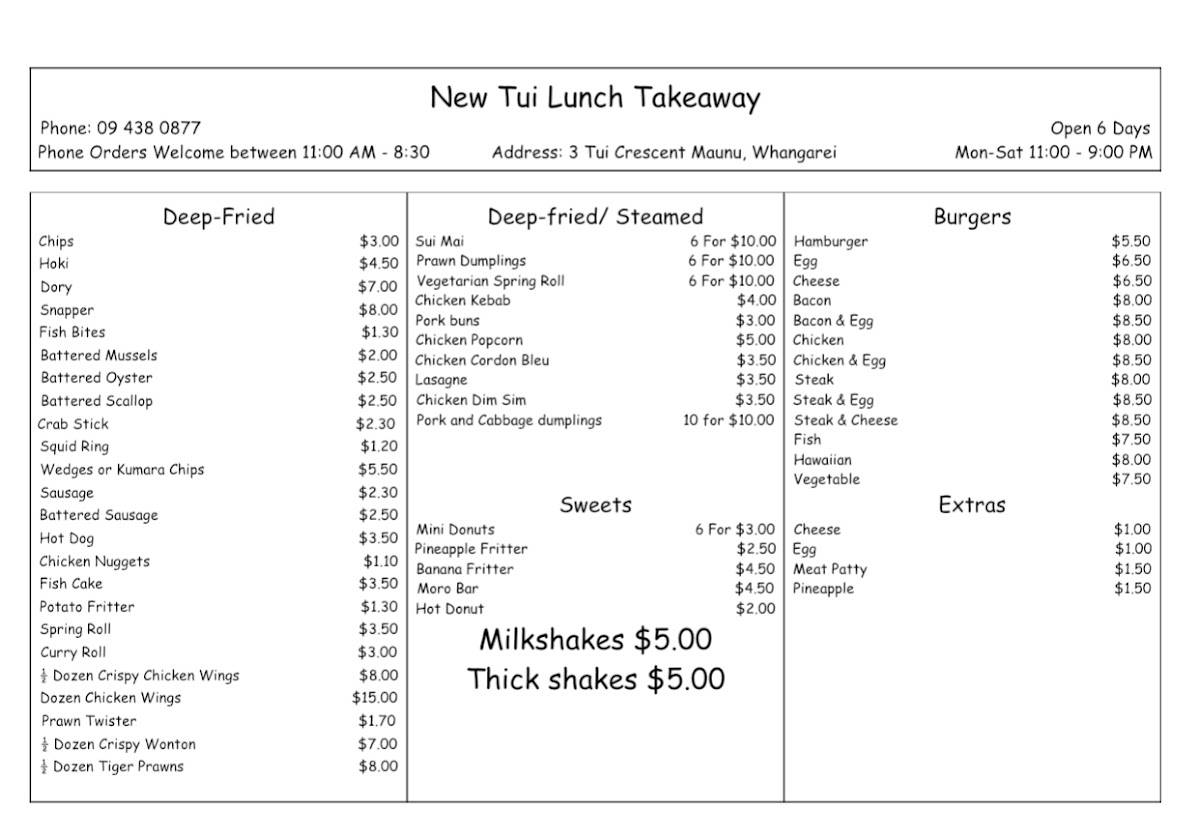 Menu at New Tui Lunch Takeaway restaurant, Whangarei