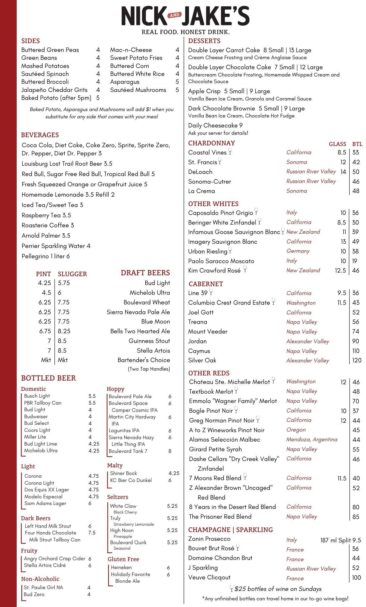Menu at Nick & Jake's Overland Park pub & bar, Overland Park
